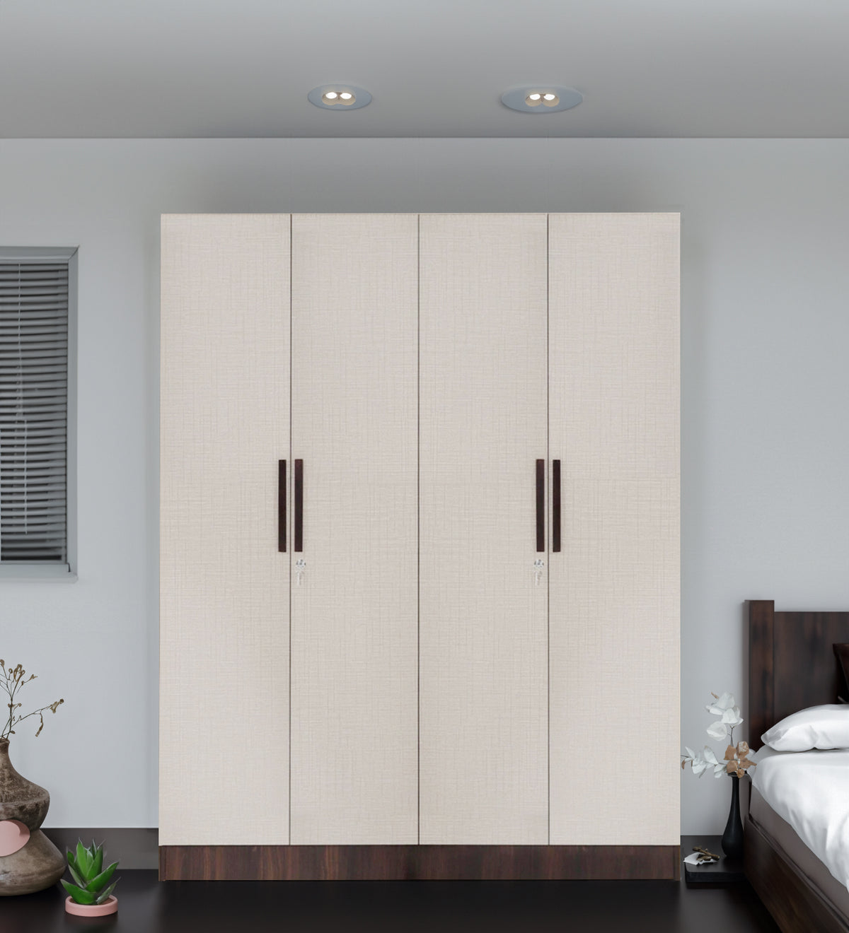 Trevi Mustang 4 Door Wardrobe- Dark Maple & Hazel Cambric — TREVI FURNITURE
